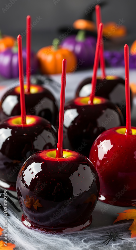 Halloween candy apples with decorative pumpkins and spiderwebs : food ...