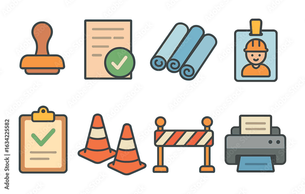 Construction Permit Icons. Flat vector mini-illustrations construction ...