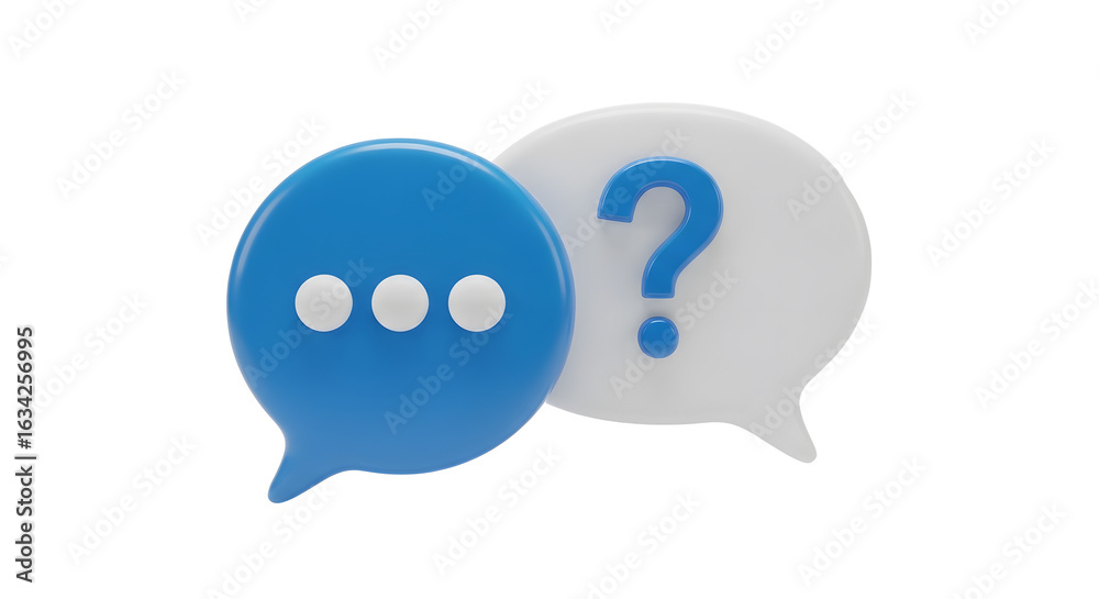 Dynamic 3D question mark and ellipsis speech bubbles representing ...