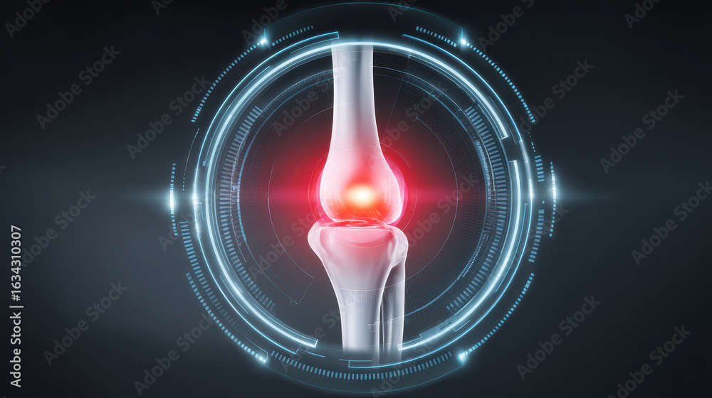 Hologram of knee joint with pain indicator showing red inflammation ...
