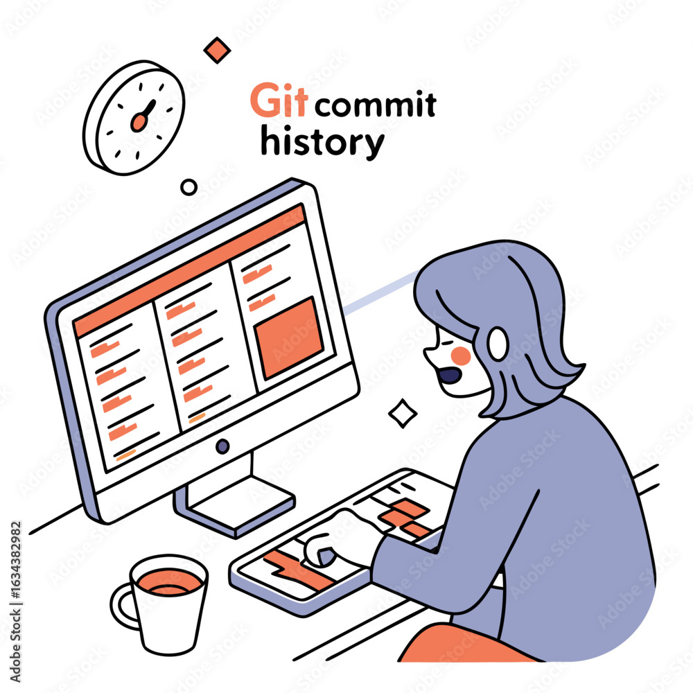 Woman Reviewing Git Commit History on Computer Stock Vector | Adobe Stock