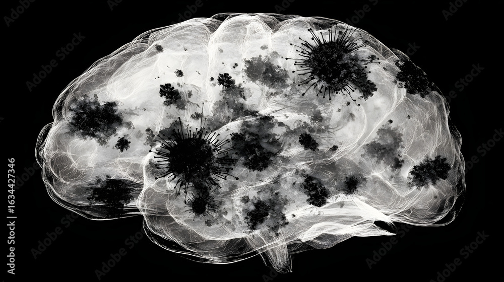 Ghostly double-exposure of a human brain with decaying viral particles ...