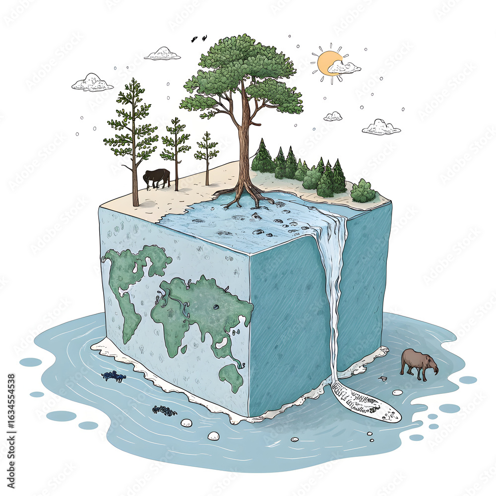 Melting ice cube with world map and nature on top showing global ...