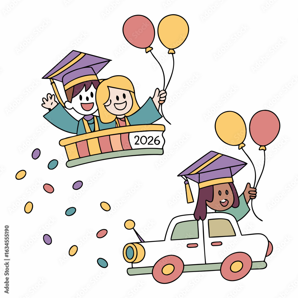 Cartoon graduates celebrate class of 2026 with balloons and confetti ...
