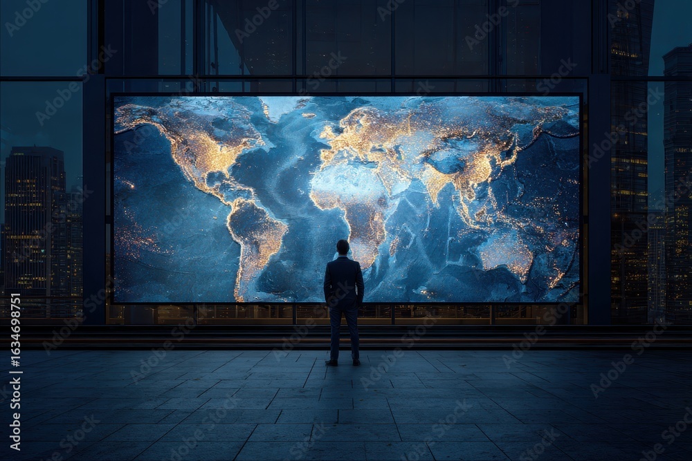Photo Stock Man gazing at illuminated world map displayed on a giant ...