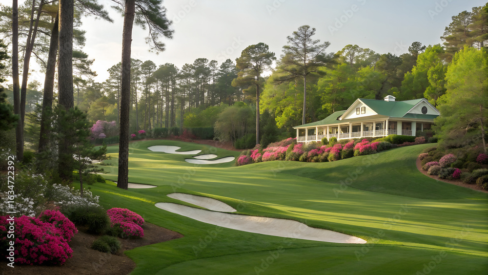 Beautiful golf course landscape with clubhouse and azaleas in ...