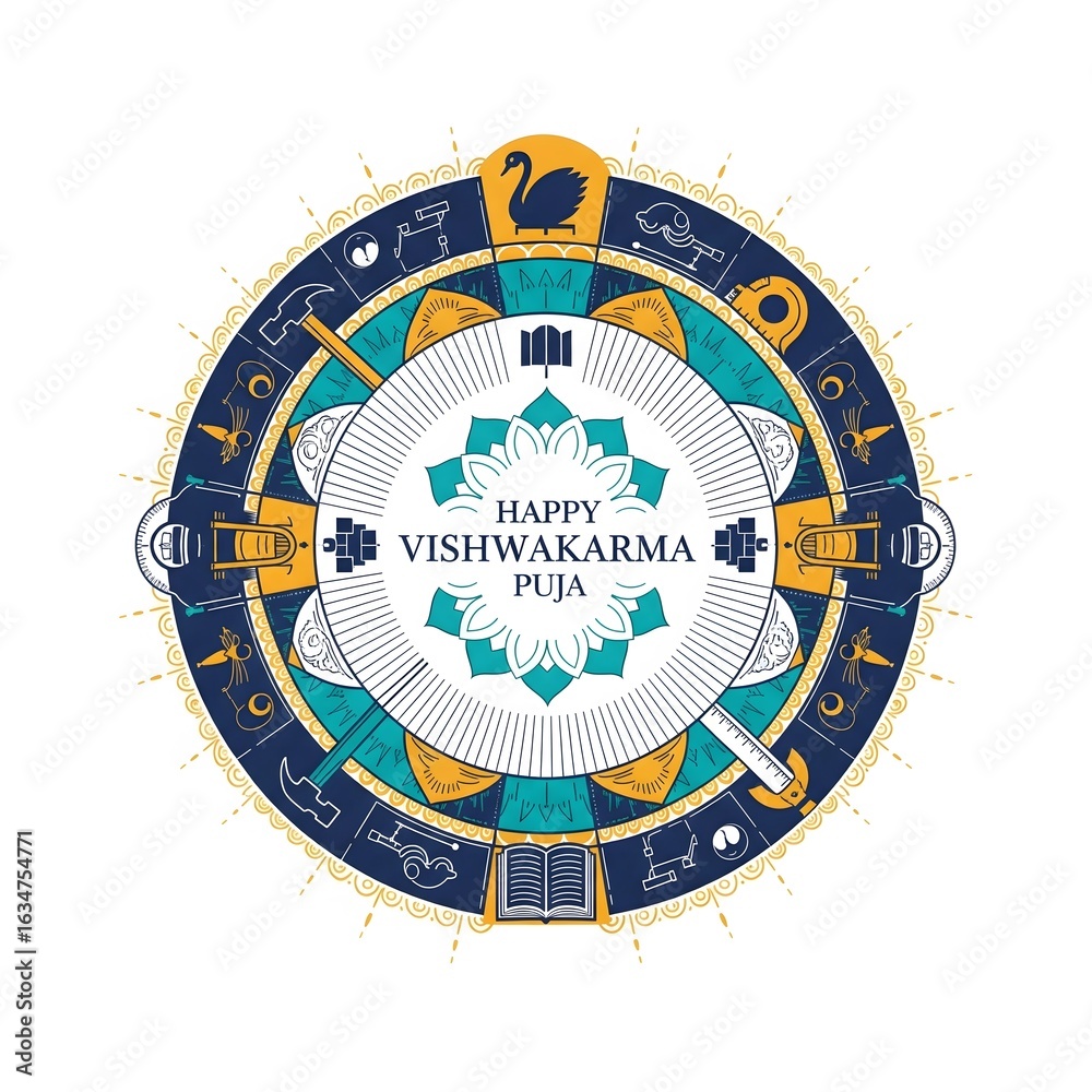 Circular Vishwakarma Puja mandala with tools and swan Hindu festival ...