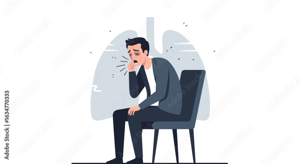 An illustration depicts a man coughing, seated in a chair, with an ...