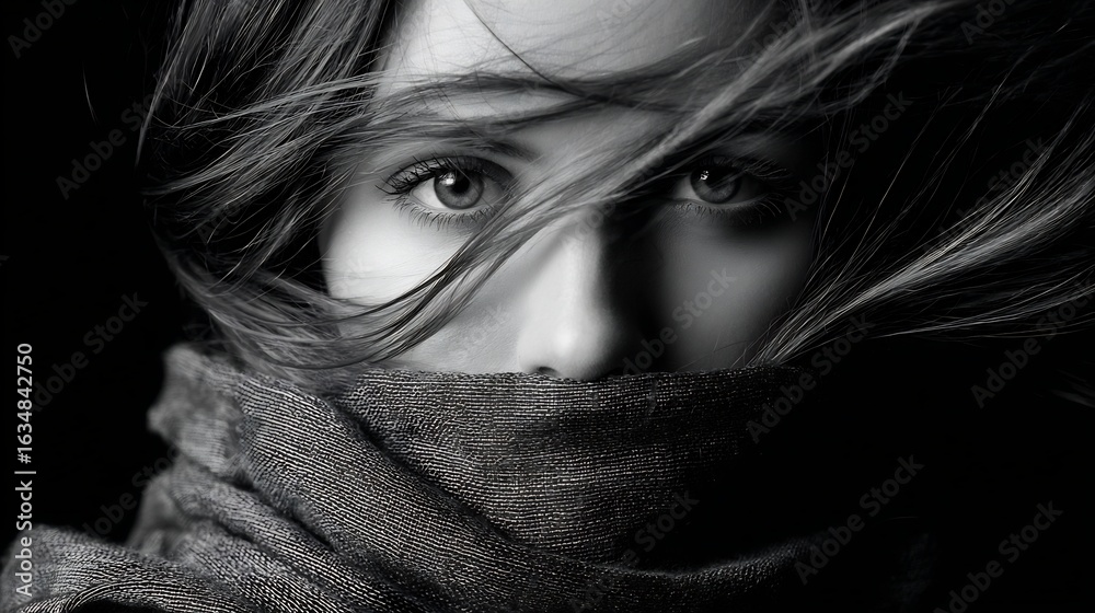 Wind blowing scarf across womans face dramatic autumn fashion portrait ...