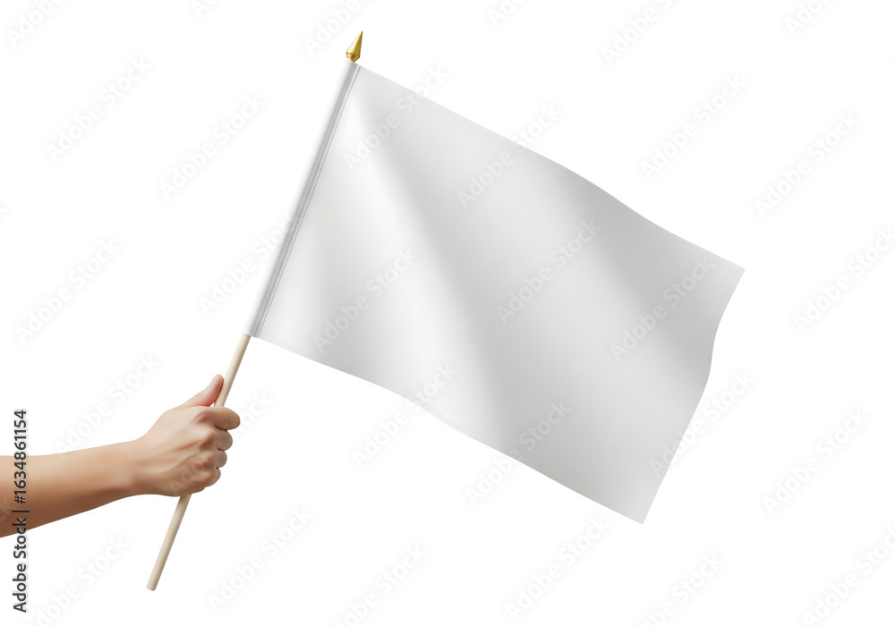 Hand holding a small waving white blank flag for mockup. Isolated on ...