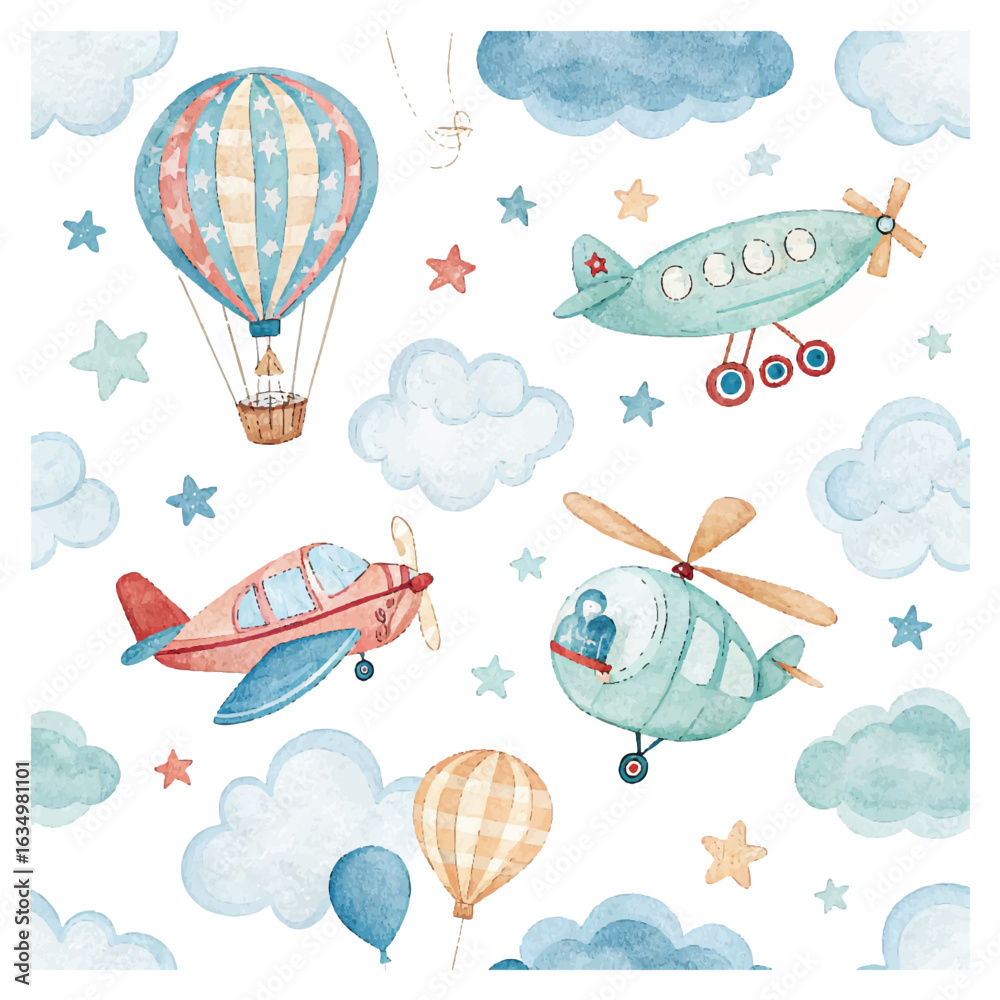 Watercolor set background illustration of a cute cartoon and fancy sky ...