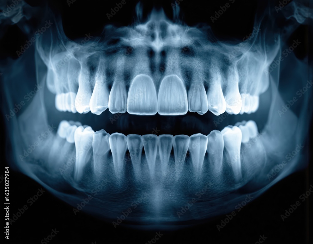 Close-up dental X-ray showing human teeth, jaw anatomy. Medical imaging ...