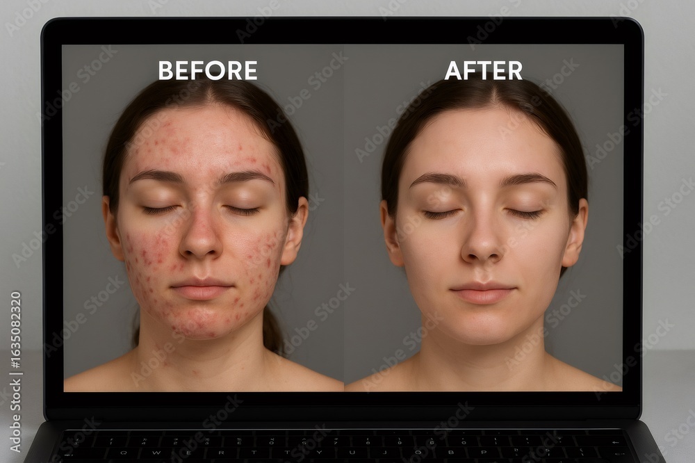 Before and after photos of acne treatment shown on a laptop screen ...