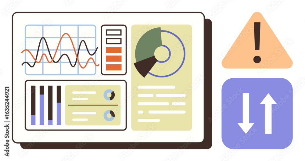 Dashboard with graphs, pie chart, progress bars, alert triangle, up and ...