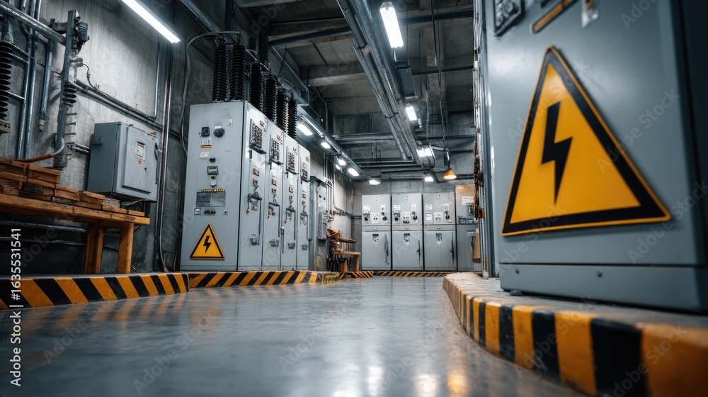 ภาพถ่าย Stock high-voltage electrical area inside a factory, featuring ...