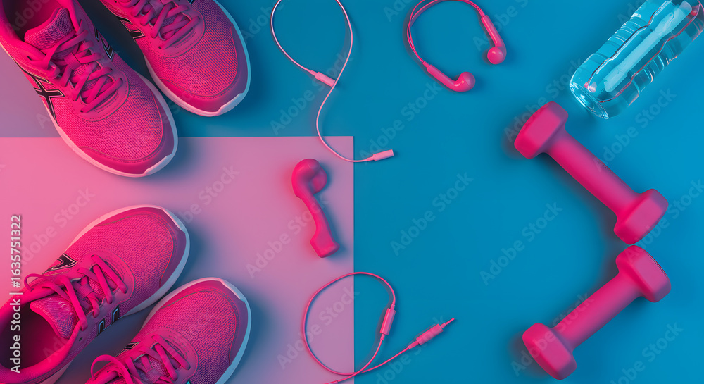 A studio shot of running shoes and other sport equipment on color ...