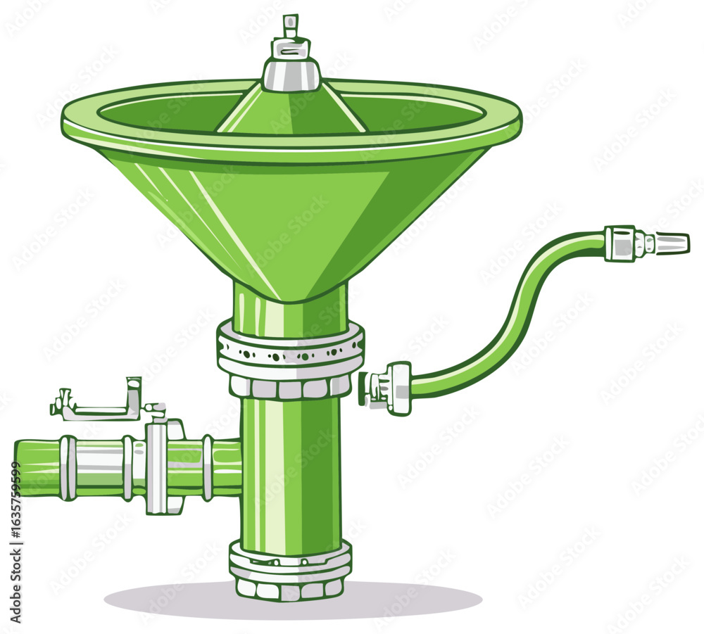 Green industrial conical hopper and pipe system with attached hose and ...