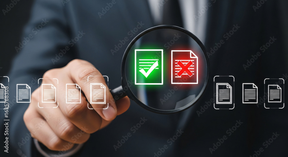 Document audit with magnifying glass showing approved and rejected ...