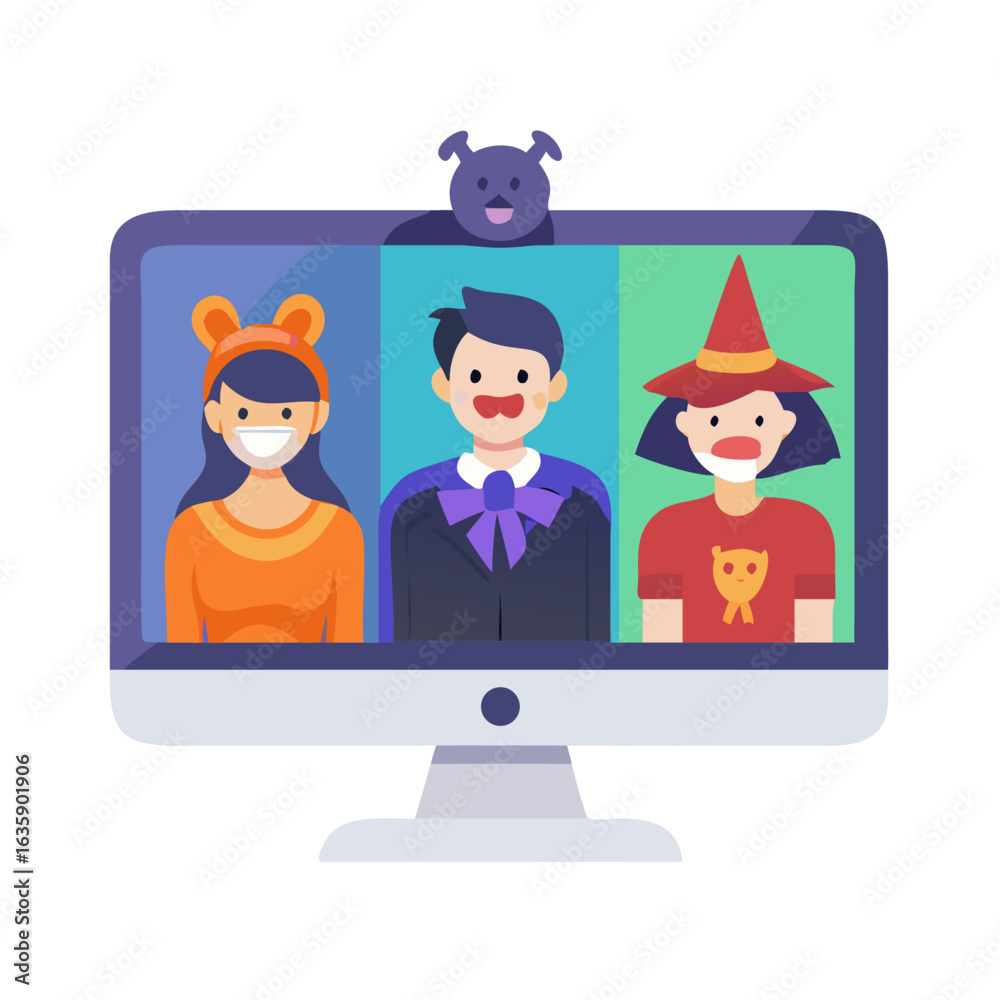 Virtual halloween costume party on computer screen isolated on white ...