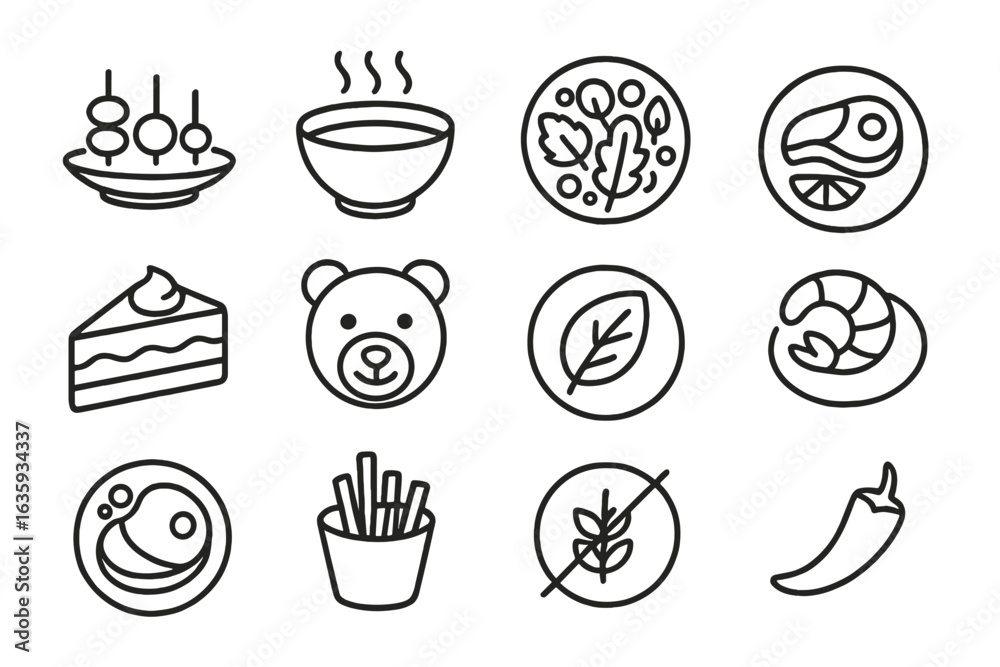 Food Menu Icons. Line style icons of food menu categories: appetizer ...