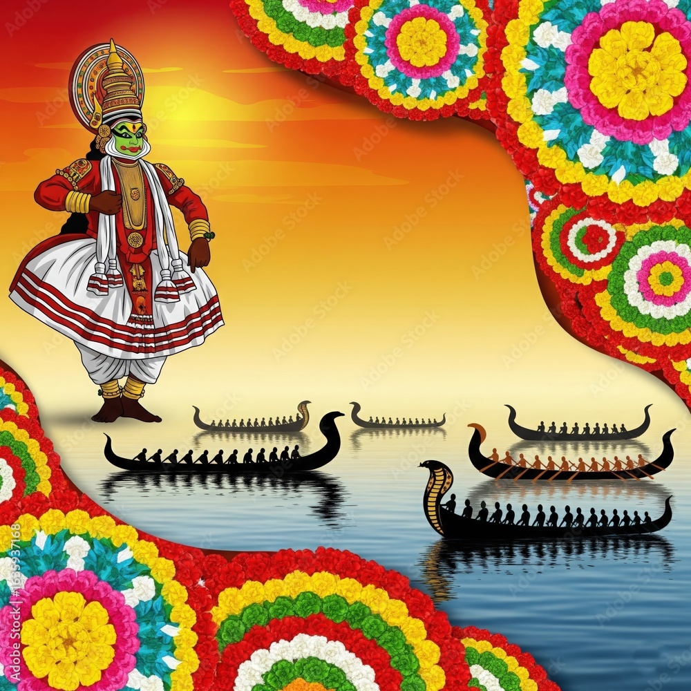 Onam Collage: Kathakali Silhouette, Snake Boat, Pookalam – Creative ...