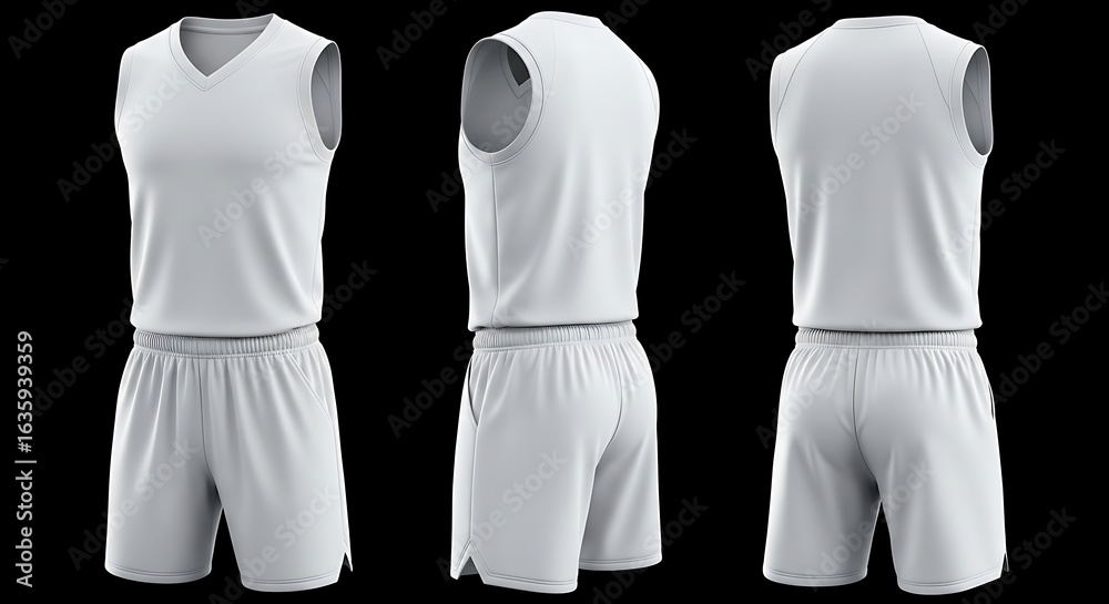 White basketball uniform with jersey and shorts, front, back, and side ...