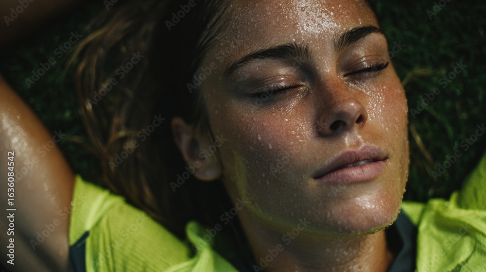 Athletic woman resting on grass, sweat glistening on skin, eyes closed ...