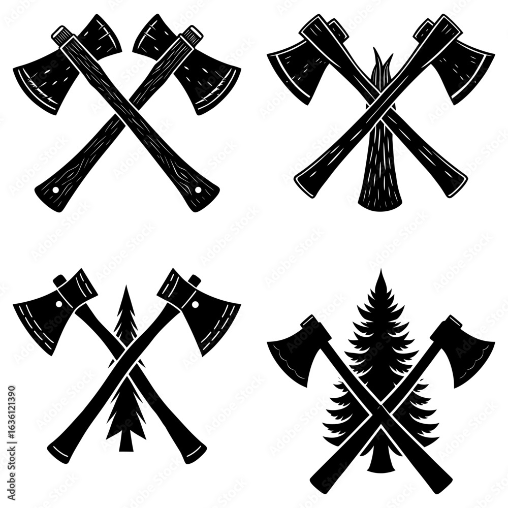 Collection of crossed axes with different wood textures and fir trees ...