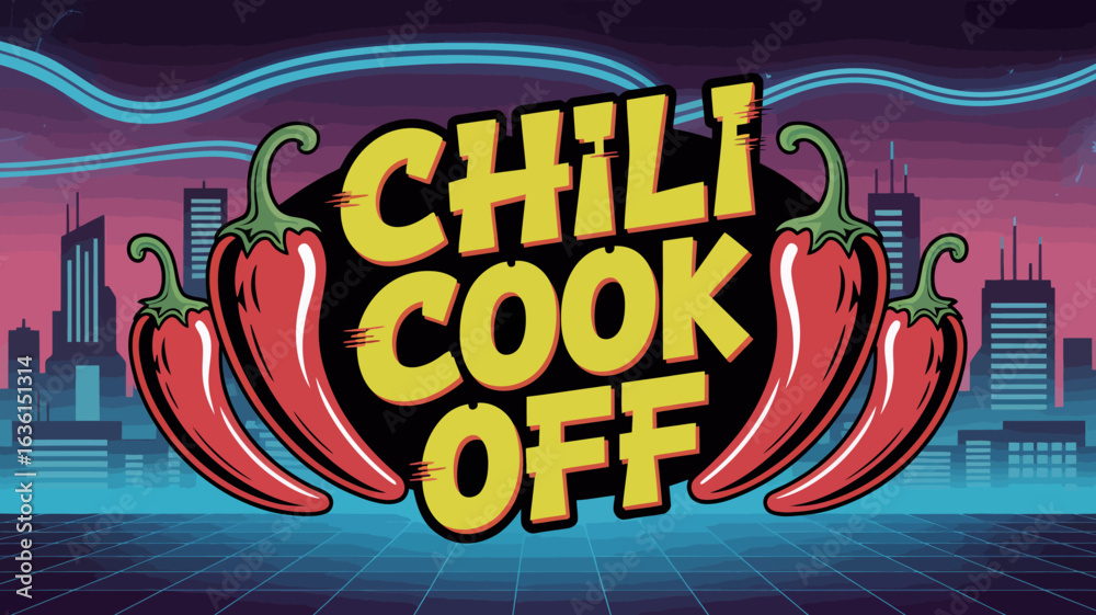 Cyberpunk chili cook-off banner with neon peppers and glitchy digital ...