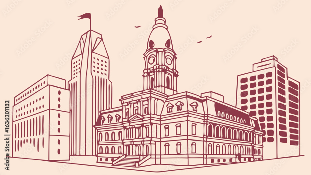 Philadelphia skyline vector drawing with city hall, perfect for travel ...