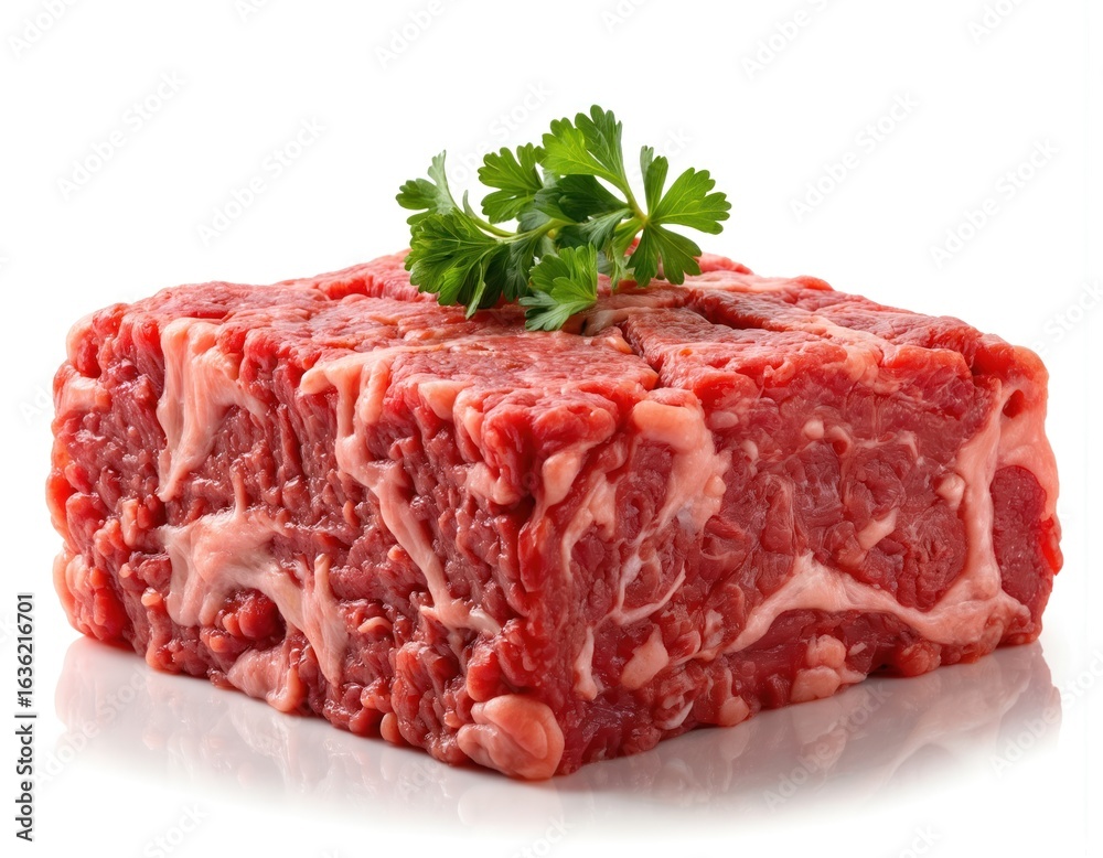 Raw, fresh minced meat cube with parsley isolated on white background ...