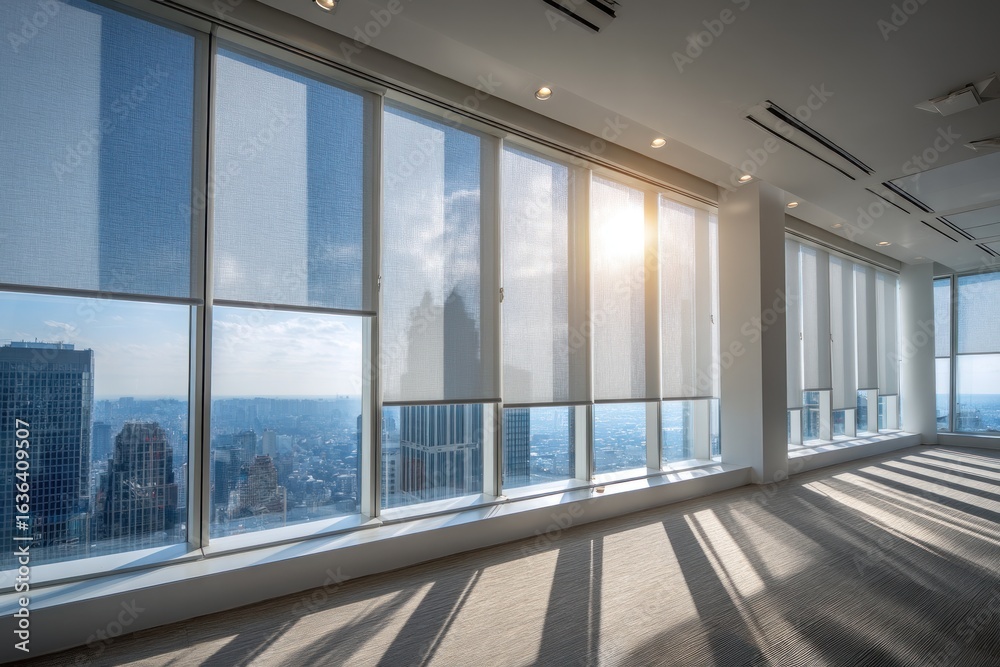 Modern office with city view window shades Stock Photo | Adobe Stock