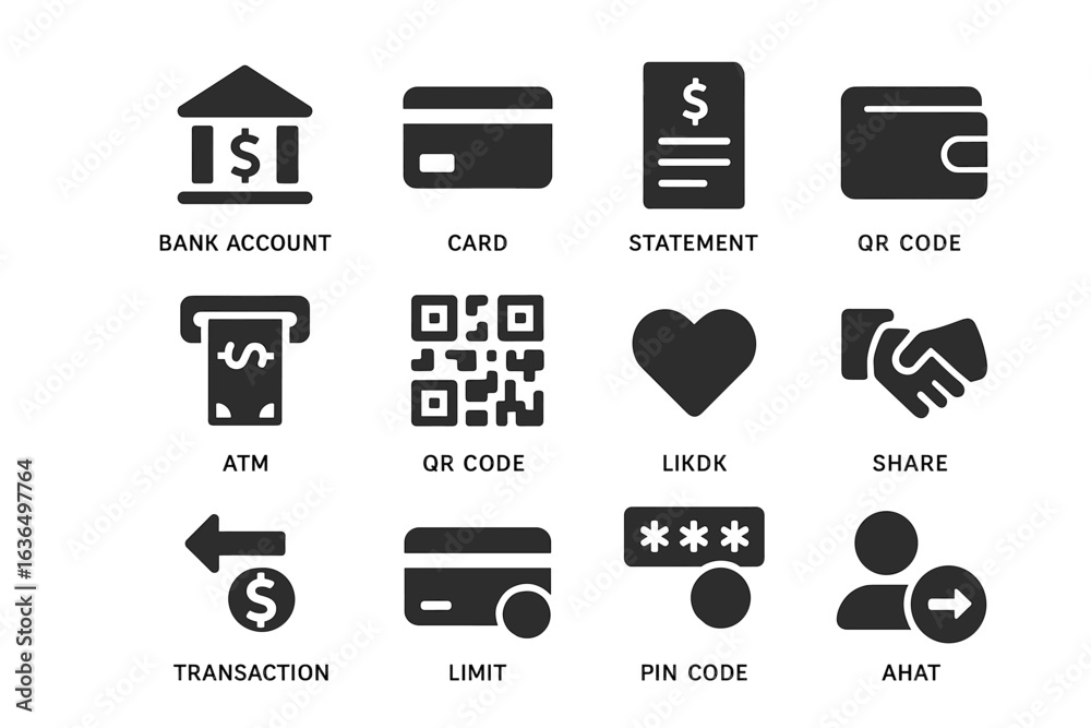 Icons for banking and transactions: bank account, card, qr code, atm ...