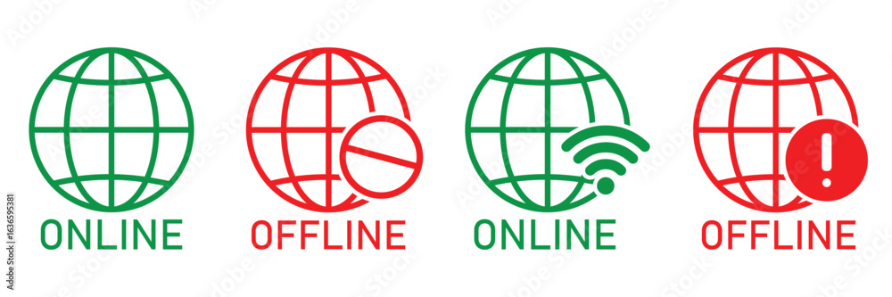 Online and Offline Internet Connection Icon Set – Globe with Good and ...