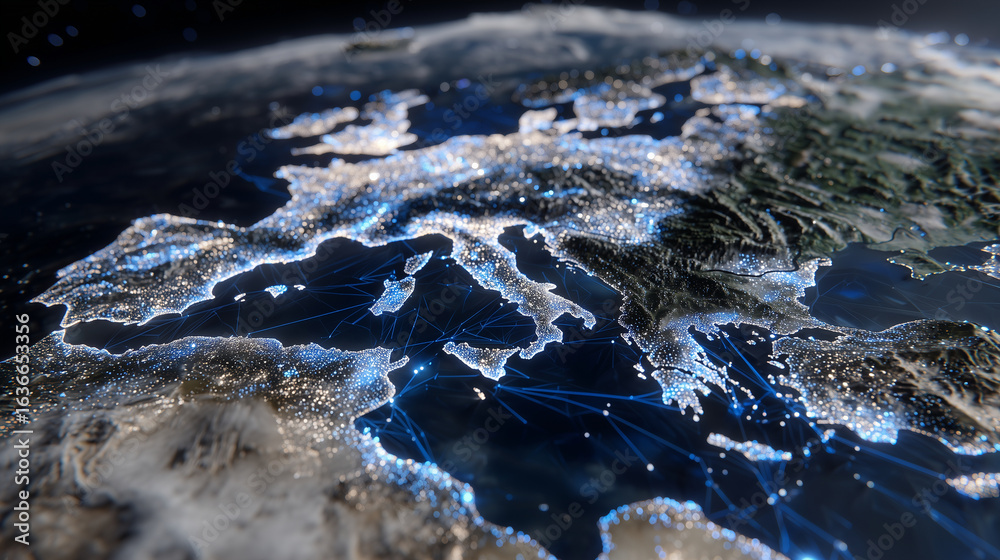 Realistic terrain map of Europe enhanced with luminous circuits and ...