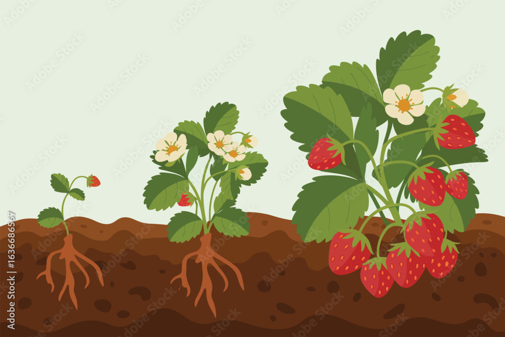 Strawberry plant growth stages from seedling to fruiting Stock Vector ...