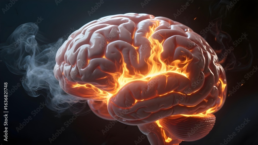 Human brain with glowing fire inside and smoke symbolizing stress ...