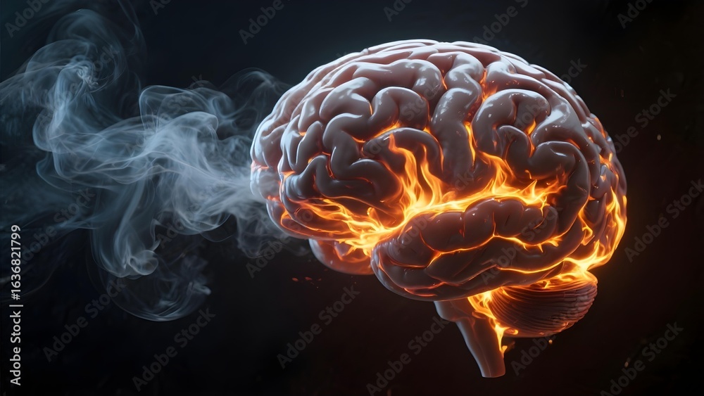 Human brain with glowing fire inside and smoke symbolizing stress ...
