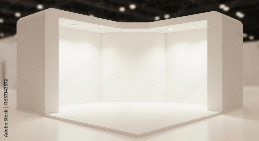 An empty, minimalist white trade show booth with rounded corners and ...