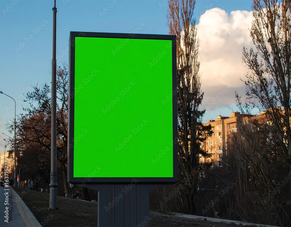 Blank vertical billboard with a green chroma key screen for advertising ...