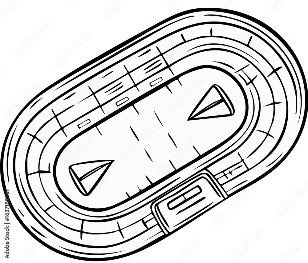 Aerial view line art of a large sports stadium with a running track and ...