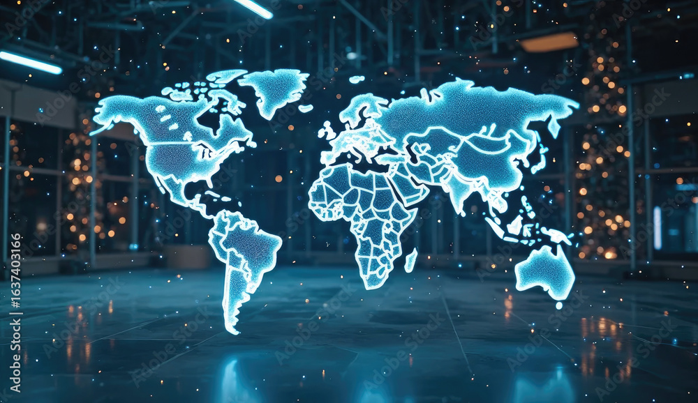 “Global economy visualization with neon lines connecting major cities ...