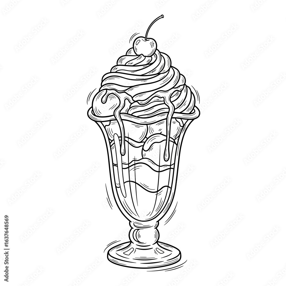 Illustration Vector of Dessert Sundae with Cherry Topping Vintage Style ...