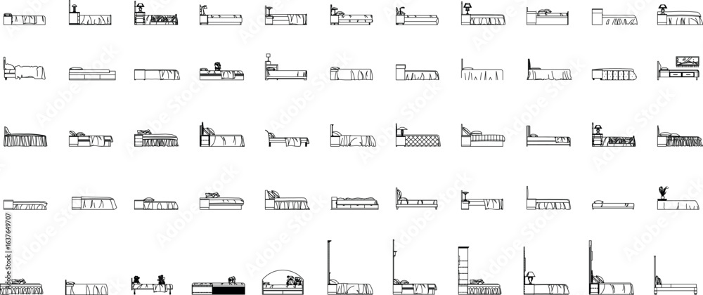 Vector Collection of Beds Side and Front Elevation in Black and White ...