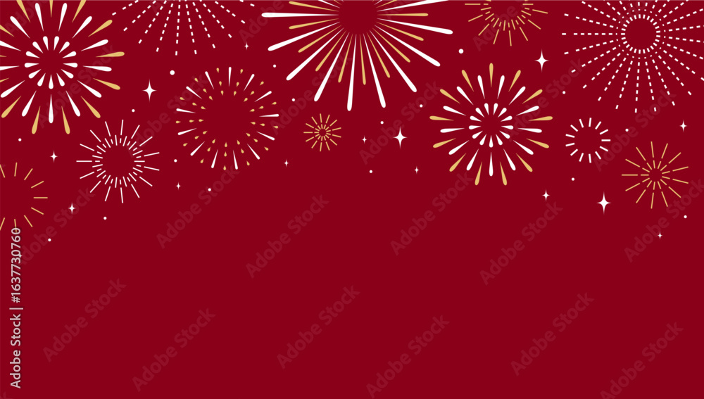Festive fireworks. White gold firework on top border of red background ...