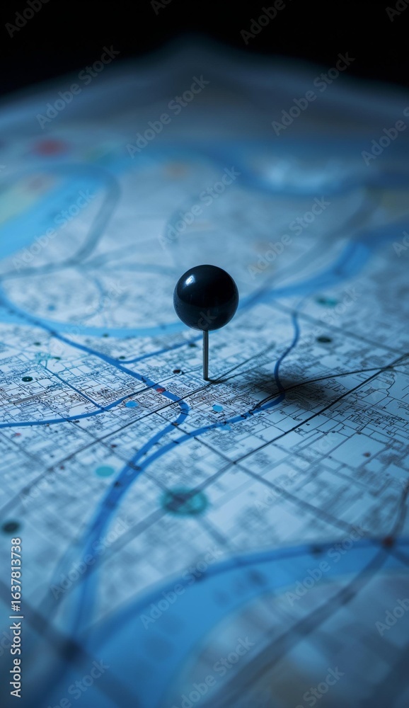 Pin marking a location on a detailed map with blue lines and grid ...