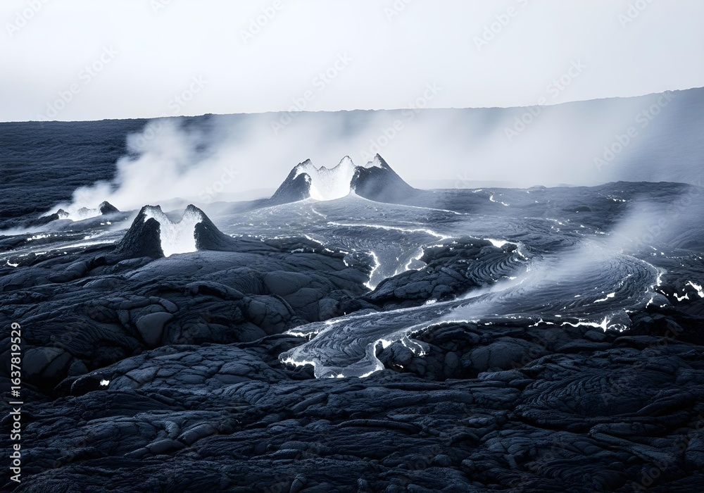 Lava flow and volcanic vents releasing steam across dark hardened ...