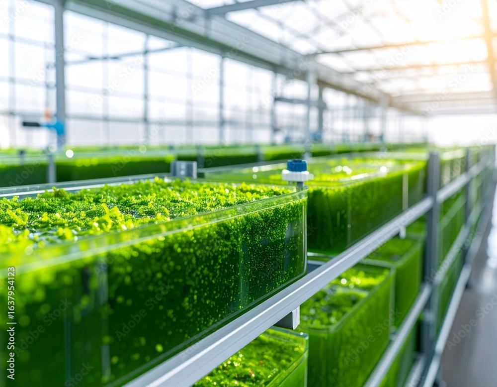 Generated High resolution images of modern algae farms with glass tanks ...