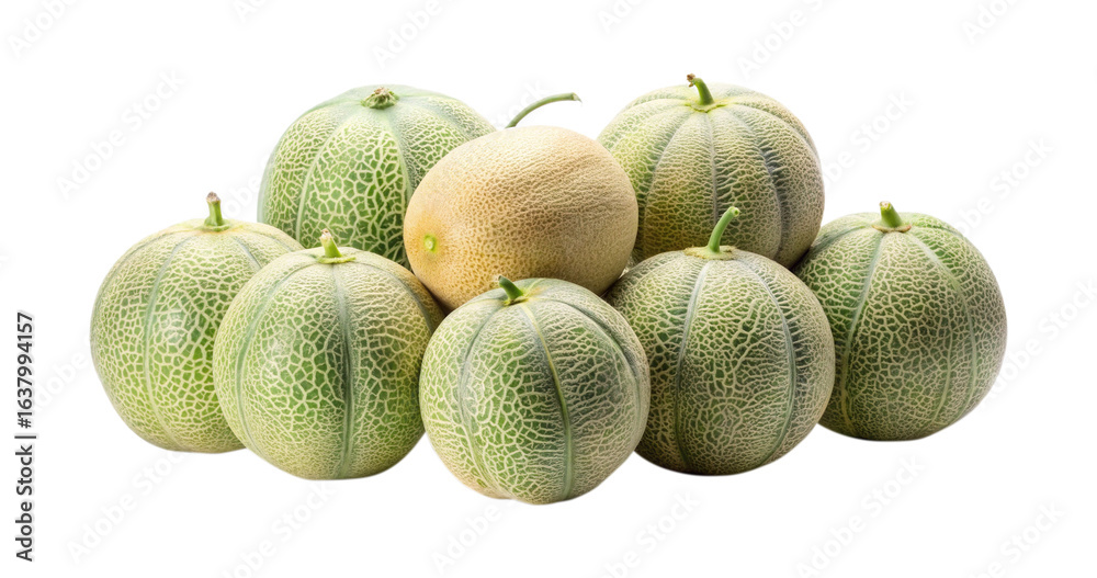 Pile of cantaloupe melons with one golden honeydew melon on a white ...