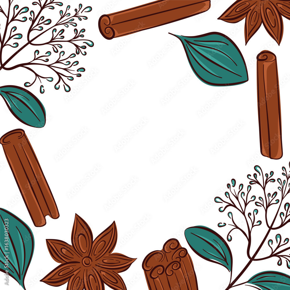 Border frame with cinnamon stick, star anise, leaves and branches in ...